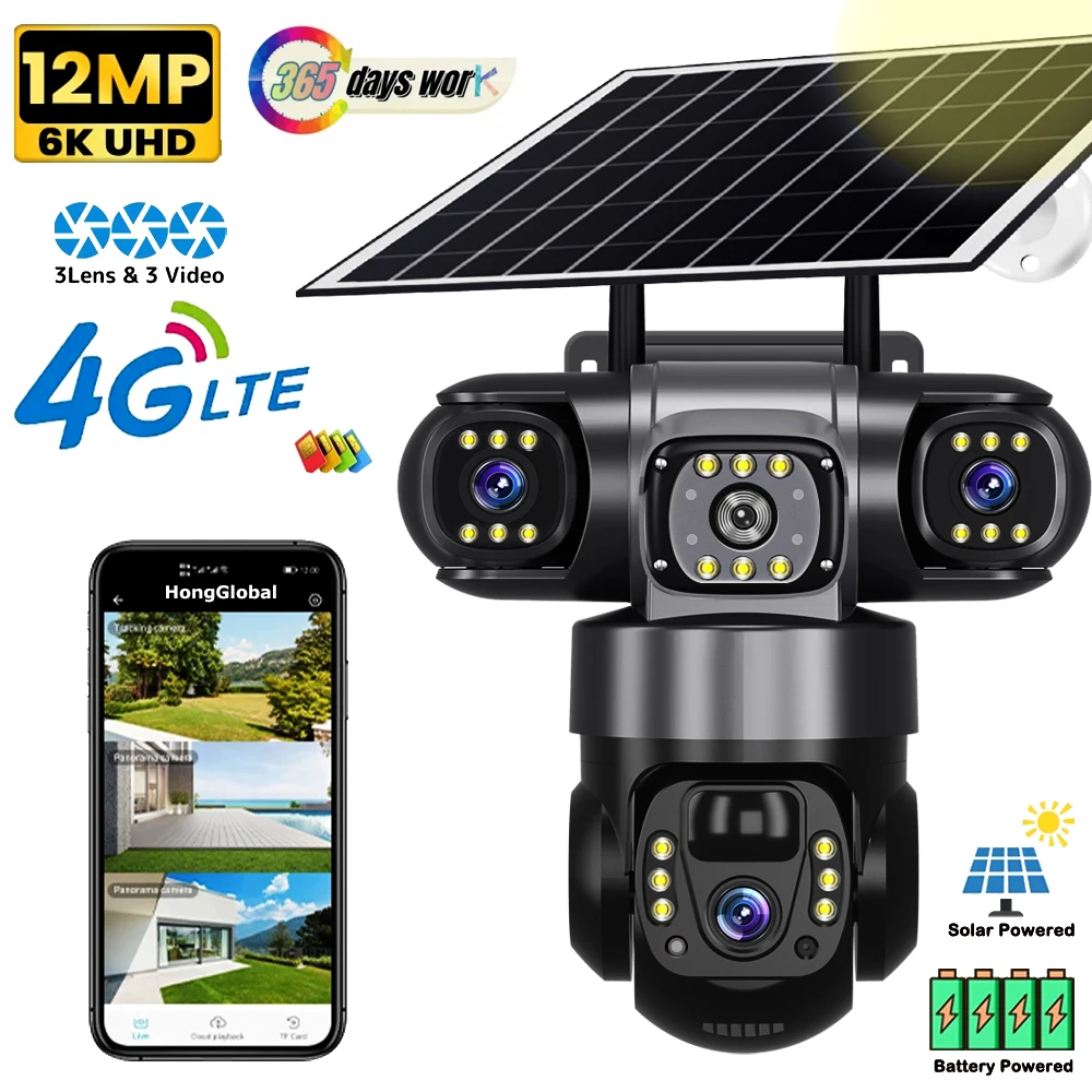 12MP 6K Outdoor Solar 4G Camera Three Lens Three Screen PIR Motion ...