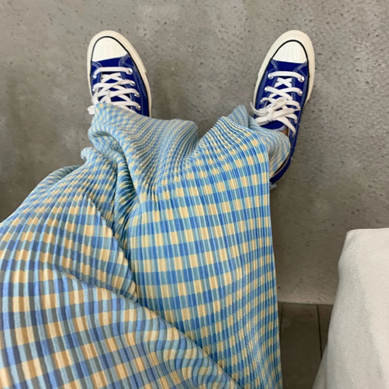 텍스처 주름 스플릿 와이드 레그 팬츠 여성 여름 얇은 드레이프 하이 웨이스트 캐주얼 걸레질 시원한 바지 격자 무늬 바지 패션