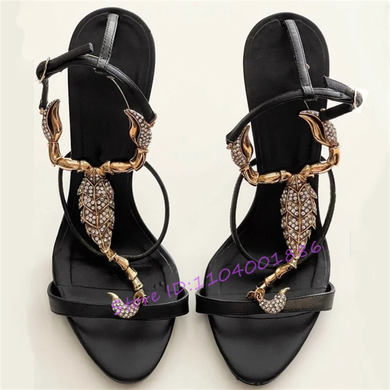 Rhinestone Scorpion T- Strap High Heels for Women Summer Sexy Open Toe ...