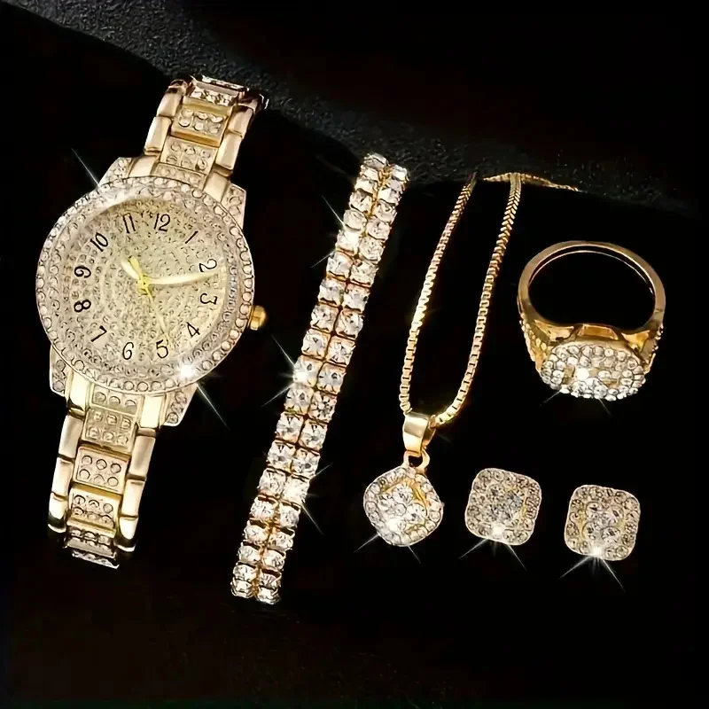 Women-Gold-Watch-Ring-Necklace-Earrings-Bracelet-Set-Diamond-Fashion ...
