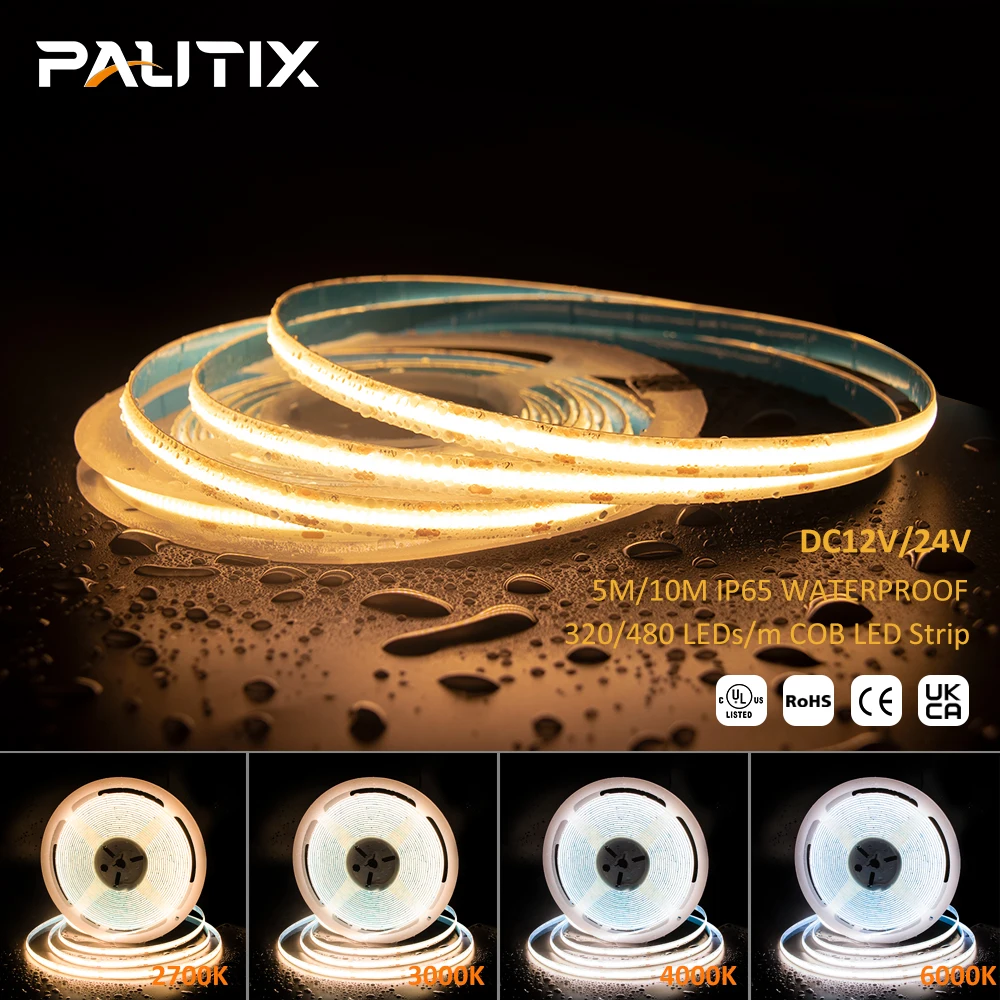 PAUTIX COB LED Strip IP65 Waterproof 5m 10m DC12V/24V 320 480LEDs/m Flexible Dimmable High ...