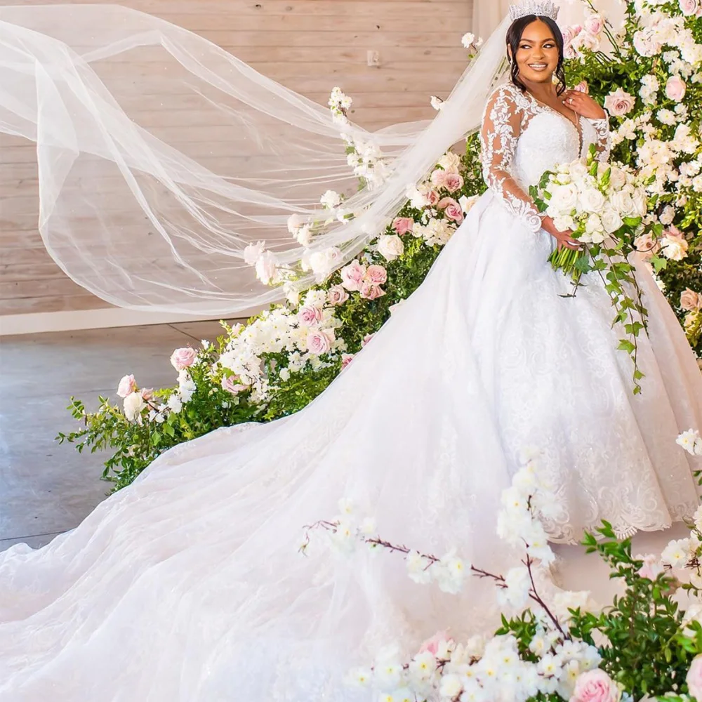 Gorgeous V Neck A Line Wedding Dress Chapel Train Long Sleeves Big ...