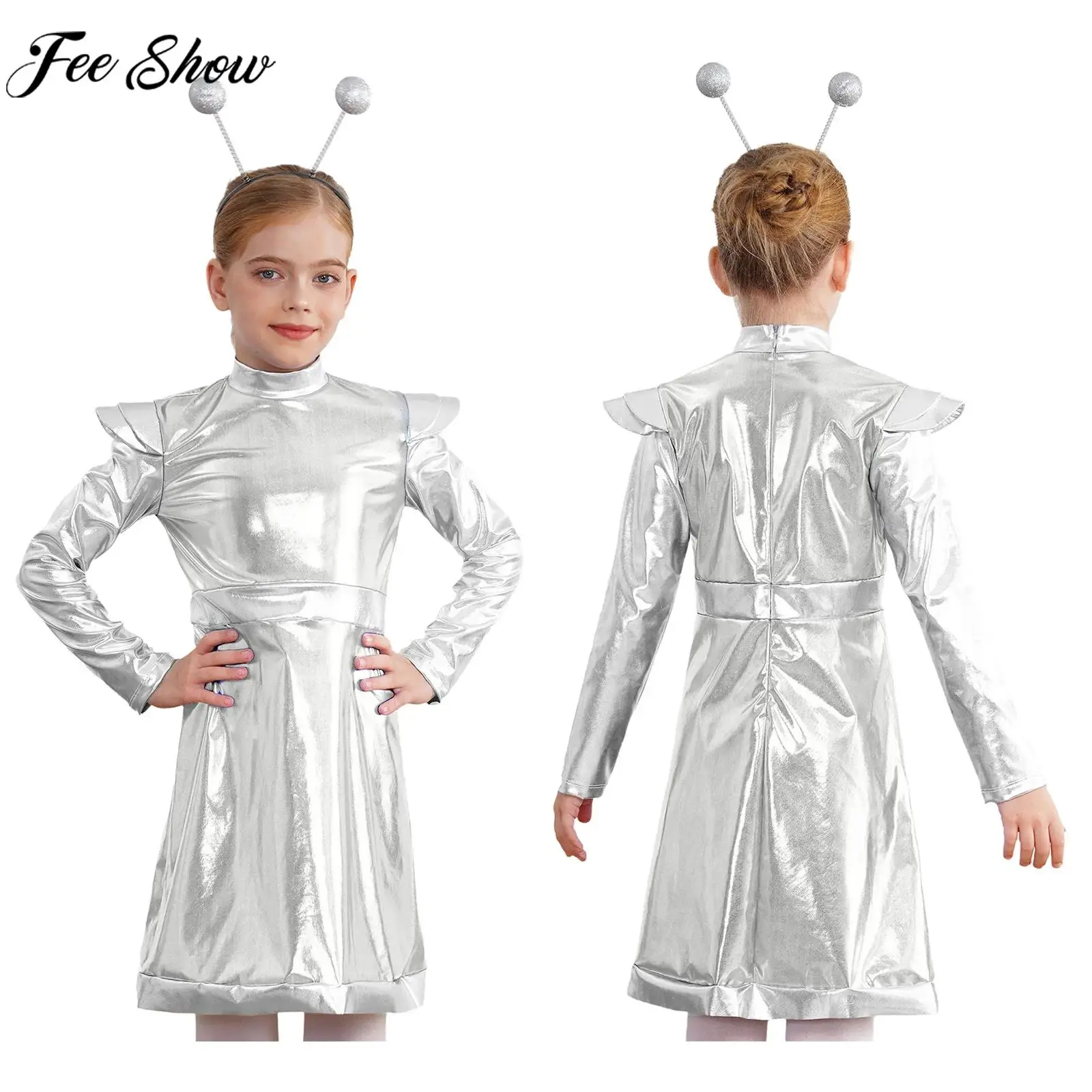 Girls Halloween Alien Cosplay Costume Metallic Shiny Dress Theme Party ...