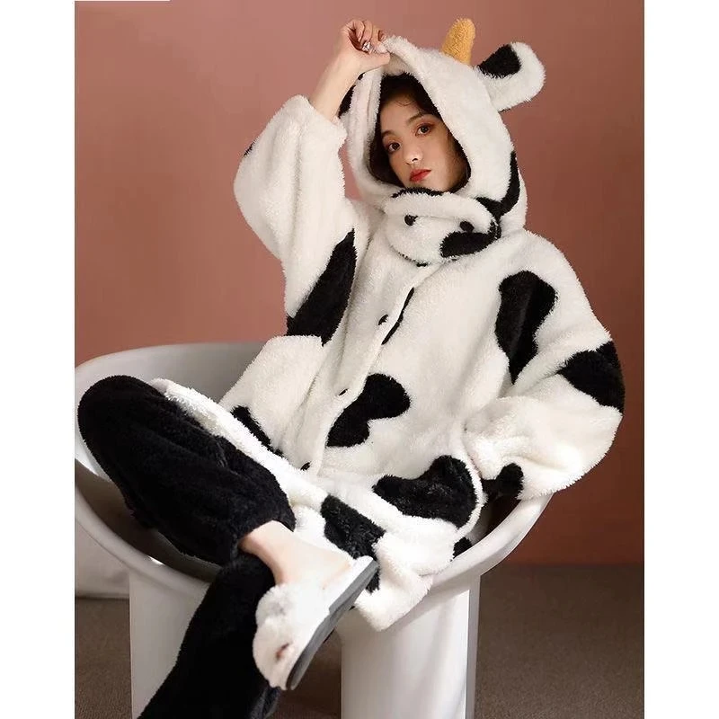Cow Women Fleece Pajamas Winter Robes Home Clothe Flannel Pant ...