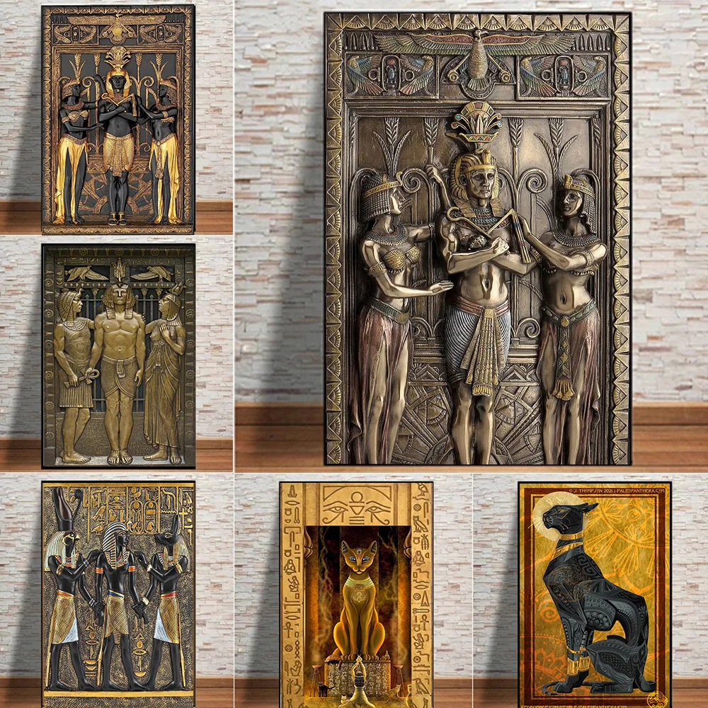 Vintage-gyptische-Pharao-M-dchen-Haustier-Katze-Retro-Leinwand-Gem-lde-alten-gypten-3d-goldene ...