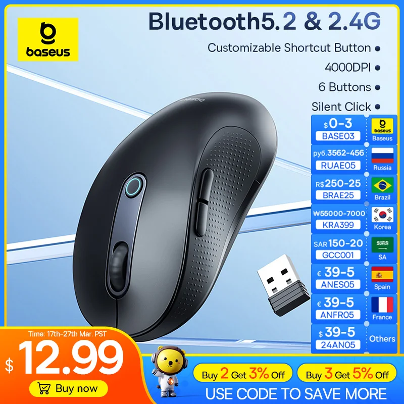 Baseus Wireless Mouse Gen 2 F02 Bluetooth 2.4G 4000 DPI for 14.83 USD ...