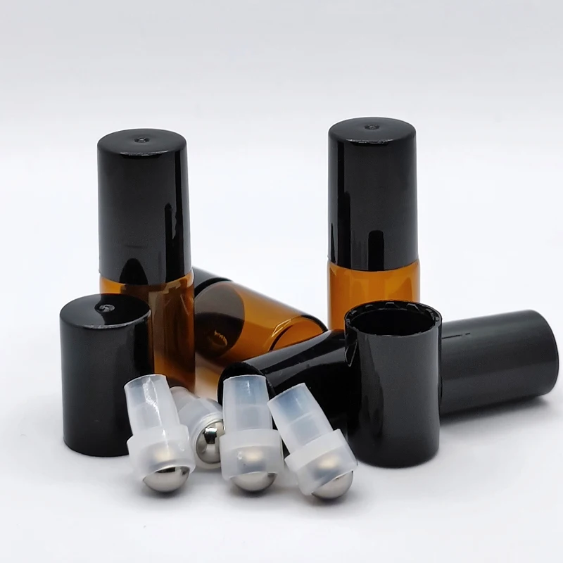 Botella enrollable de vidrio fino ámbar, viales de aceite esencial con rodillo, contenedores de ...