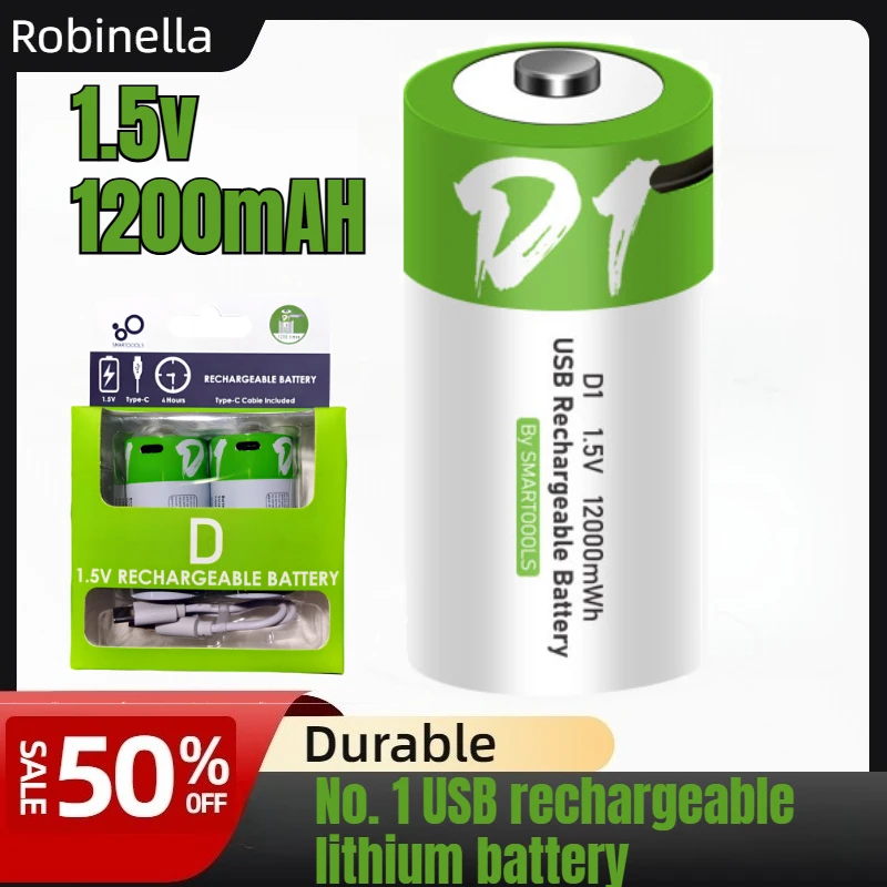 1.5V D Size 12000mWh LR20 Rechargeable Lithium Battery with Type-C ...