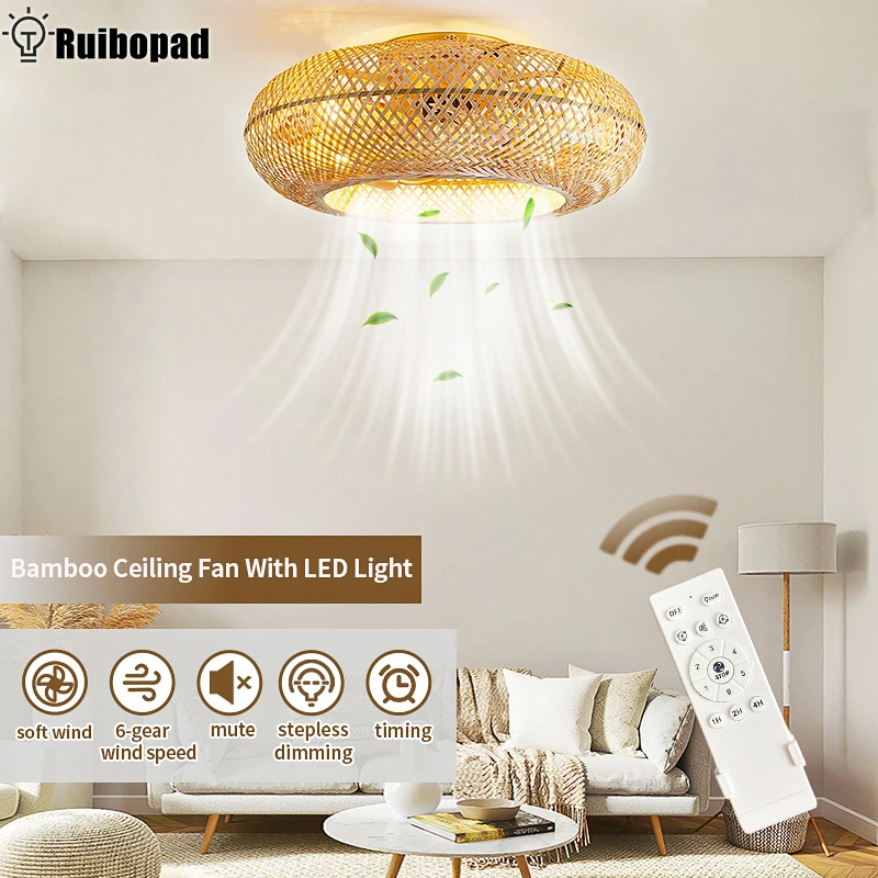 Round-Bamboo-Ceiling-Fan-With-Light-And-Control-Rattan-Cage-Flush-Mount ...