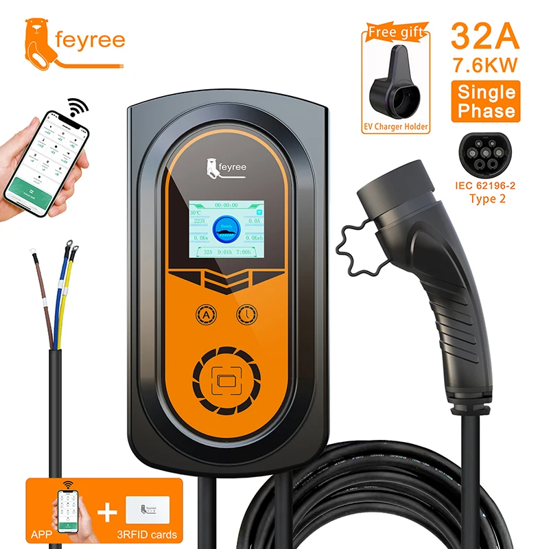 EV Charging Station Type2 Cable 32A 7.6KW Electric Vehicle Car Charger EVSE Wallbox Wall Mount ...