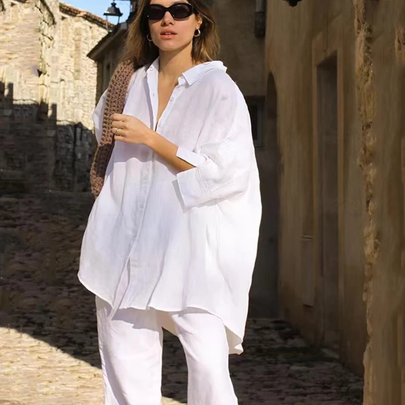 Fashion-Loose-Women-Cotton-White-Shirt-New-Half-Sleeve-Lapel-Elegant ...