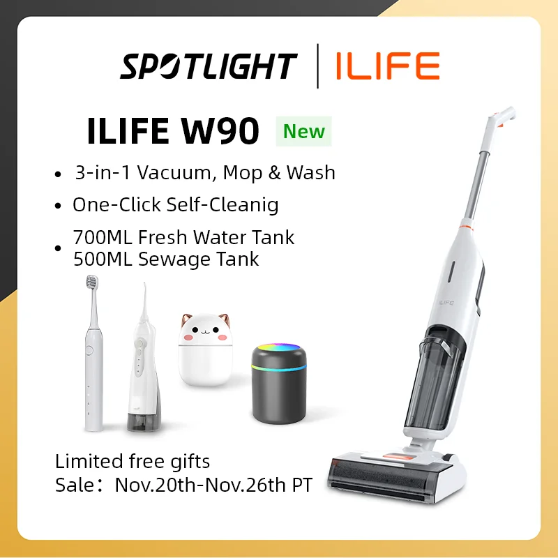 ILIFE W90 Cordless Wireless Wet Dry Smart Vacuum Mop Washing Cleaner, 5500Pa Suction, 1 Min Self ...