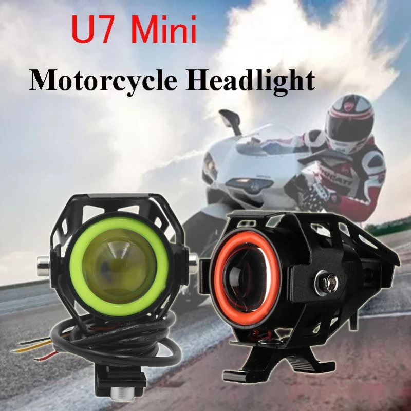 125W-LED-Auxiliary-Motorcycle-Headlight-Universal-1200LM-Angel-Eyes-U7 ...