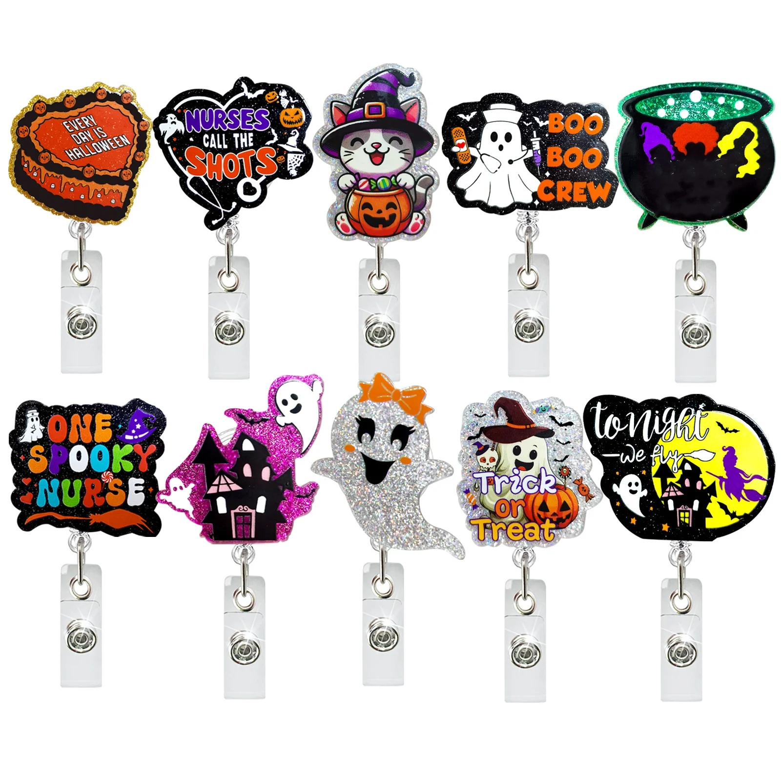 Acrylic-Glitter-Halloween-Ghost-Pumpkin-Cat-Retractable-Badge-Reel ...
