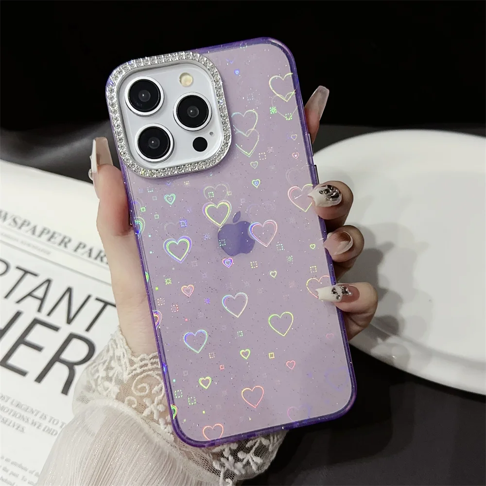 Gradient Laser Love Heart Clear Phone Case For iPhone 16 15 Plus 14 13 ...