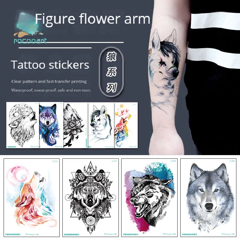 New-Waterproof-Floral-Arm-Tattoo-Original-Personalized-Wolf-Animal ...