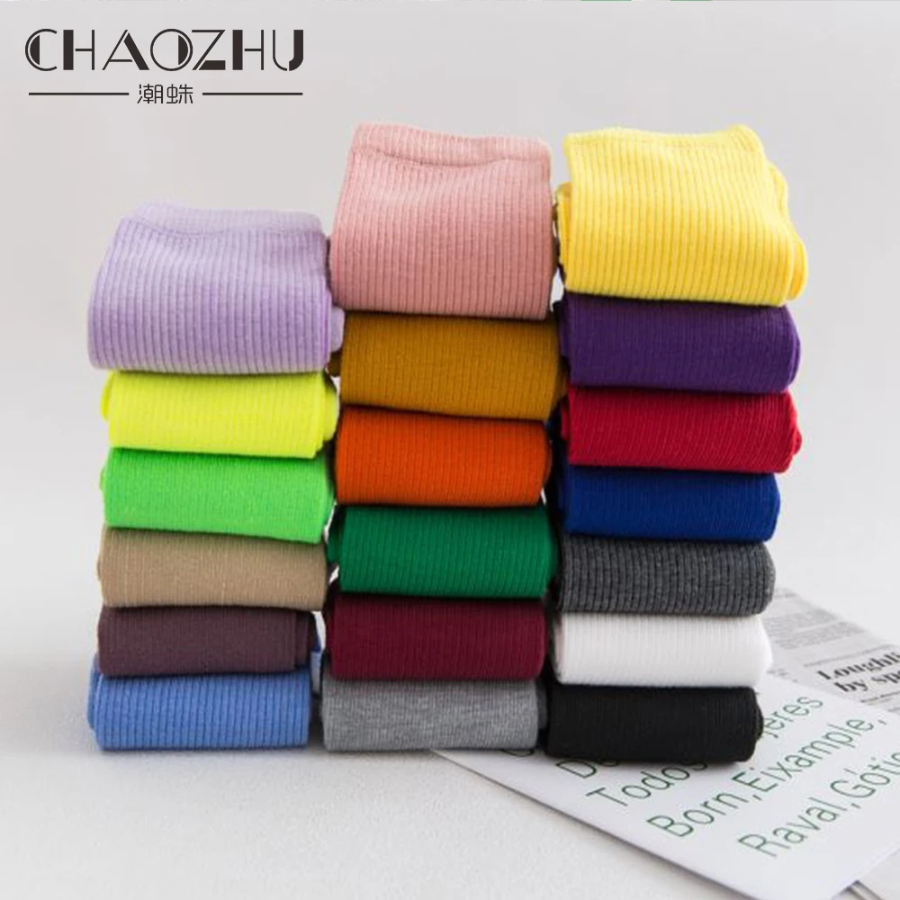 Chaozhu 3 쌍 여성 리브 코튼 솔리드 컬러 크루 롱 루즈 양말 19 가지 색상 패션 데일리 베이직 레이디 걸스 양말