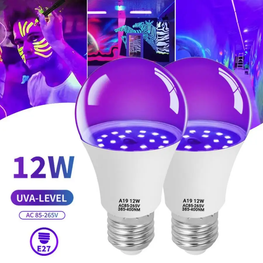 Bombilla-de-luces-LED-negras-12W-E27-brillo-en-la-oscuridad-para-luces ...