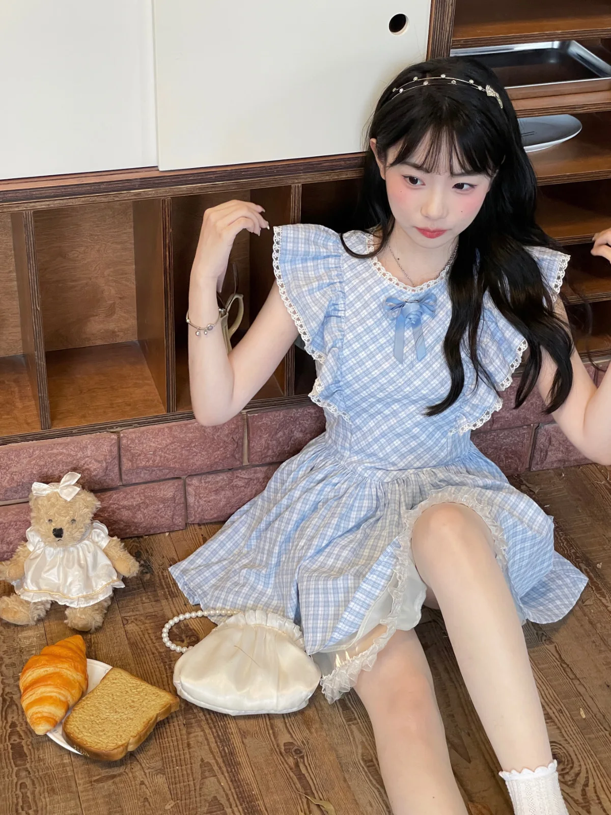 Sweet-Blue-Flounced-Sleeve-Lace-Puff-Dress-Short-Slimming-Rose-Small ...