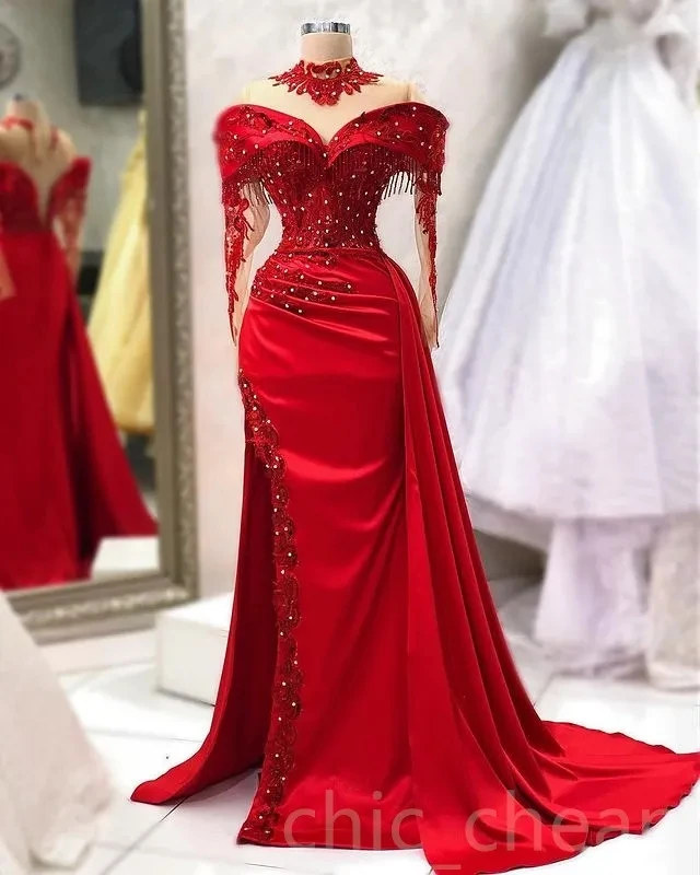 Red-African-American-Prom-Dresses-Mermaid-Long-Sleeves-Beaded-Crystals ...