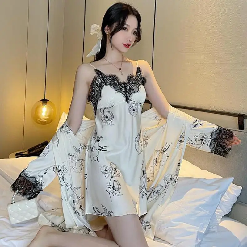 2pcs-conjunto-de-roup-o-kimono-vestido-de-cetim-de-renda-das-mulheres ...