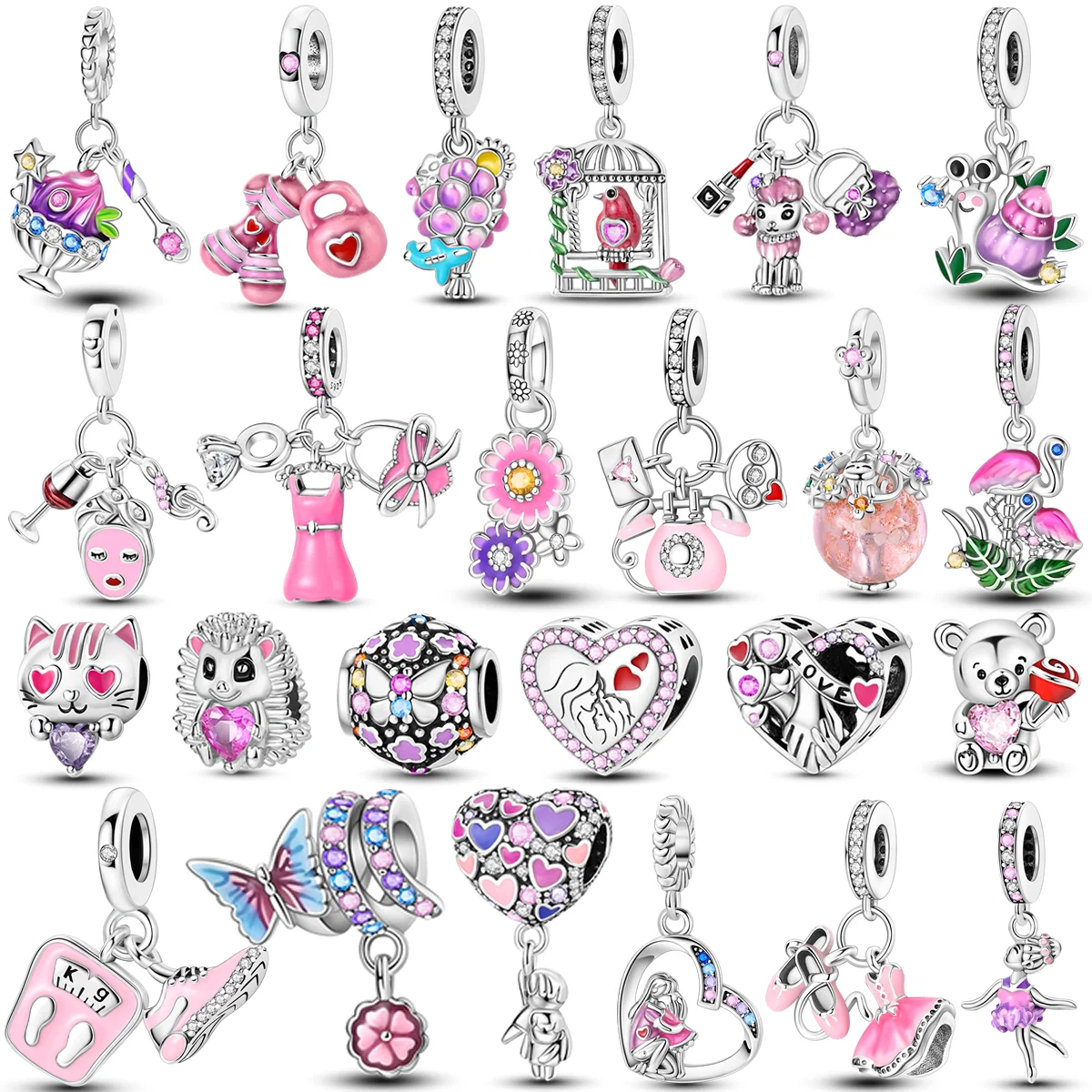 925-Sterling-Silver-Lovely-Pink-Color-Charms-LOVE-Heart-Skirt-Flower ...