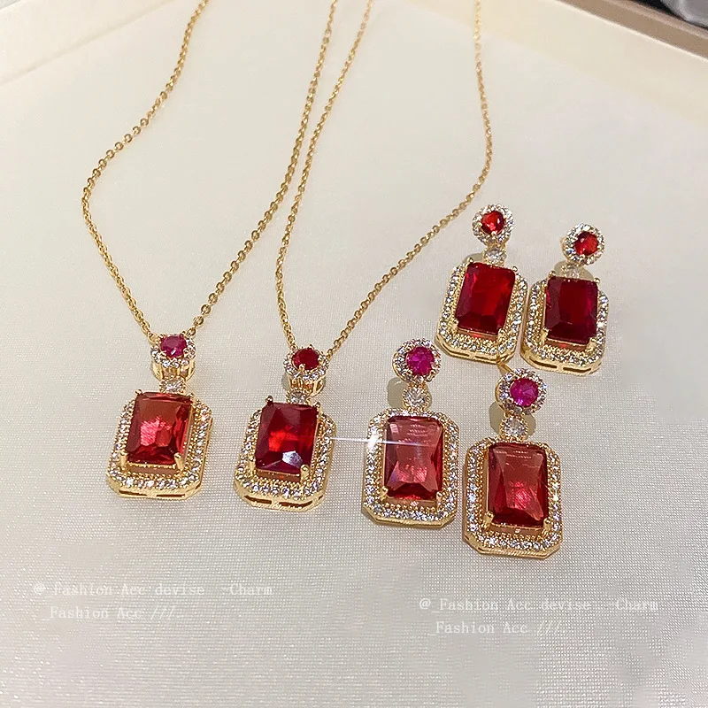 G-D-Luxury-Red-Crystal-Pendant-Necklace-Earrings-Ring-Stainless-Steel ...
