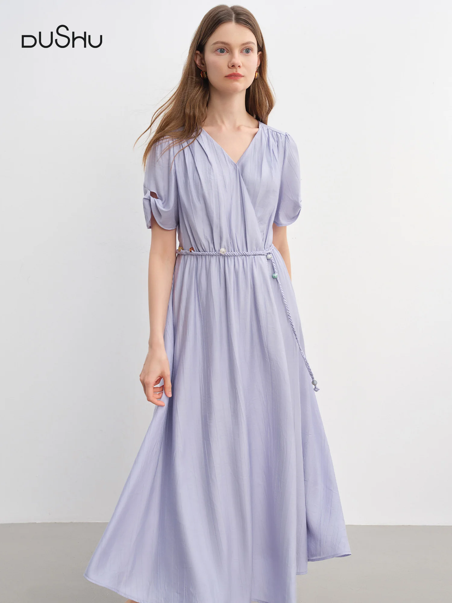 DUSHU Plus-Size Women's Vintage V-Neck Fitted Waist Mid-Length One ...