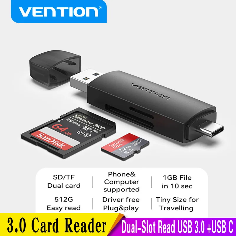 Vention 2 in 1 Card Reader USB3.0 Type-C to Micro SD TF Card Reader for ...