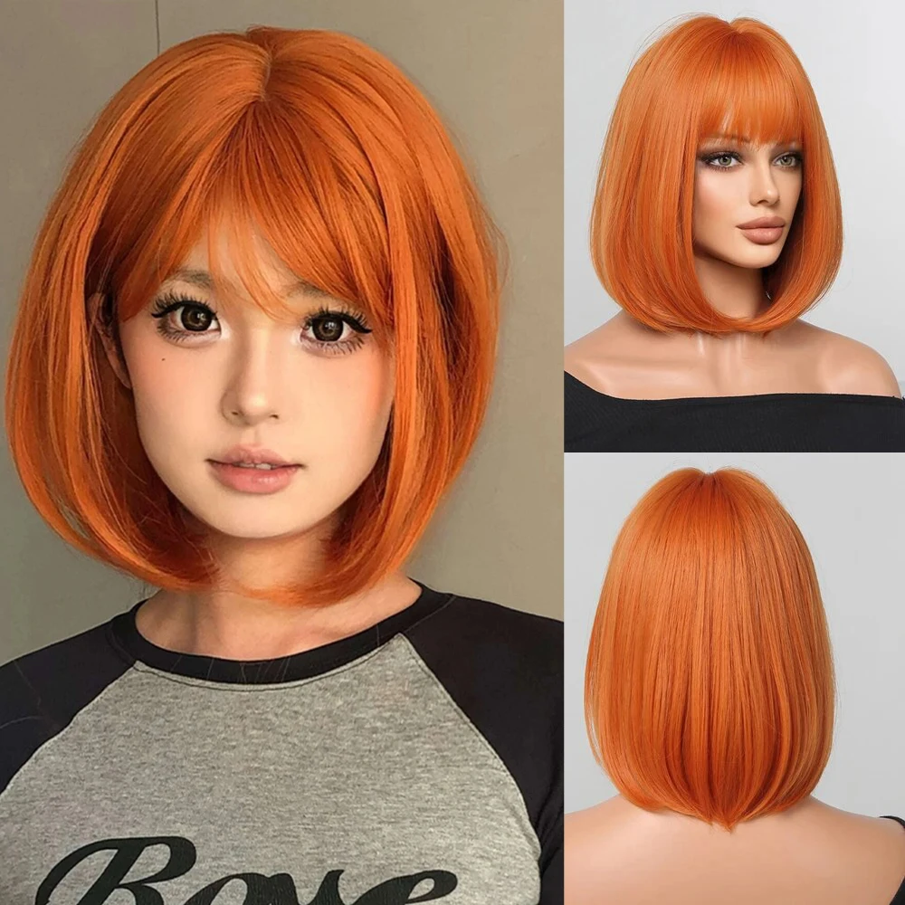 Short Straight Wig with Full Bangs for Women Orange Colored Cosplay ...