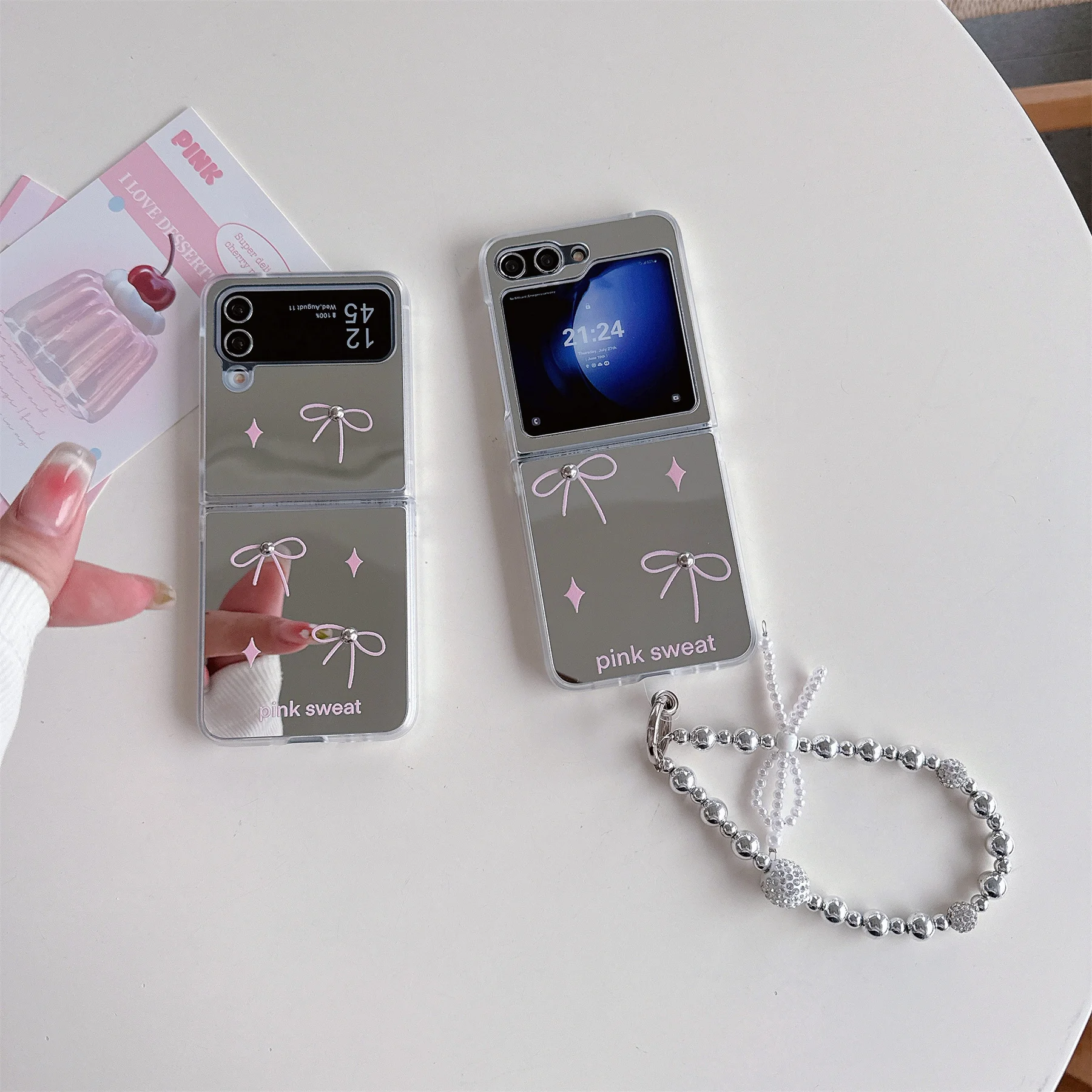 Korean-Cute-Luxury-Pink-Bow-Mirror-Phone-Case-with-Pearl-Bracelet-Chain ...