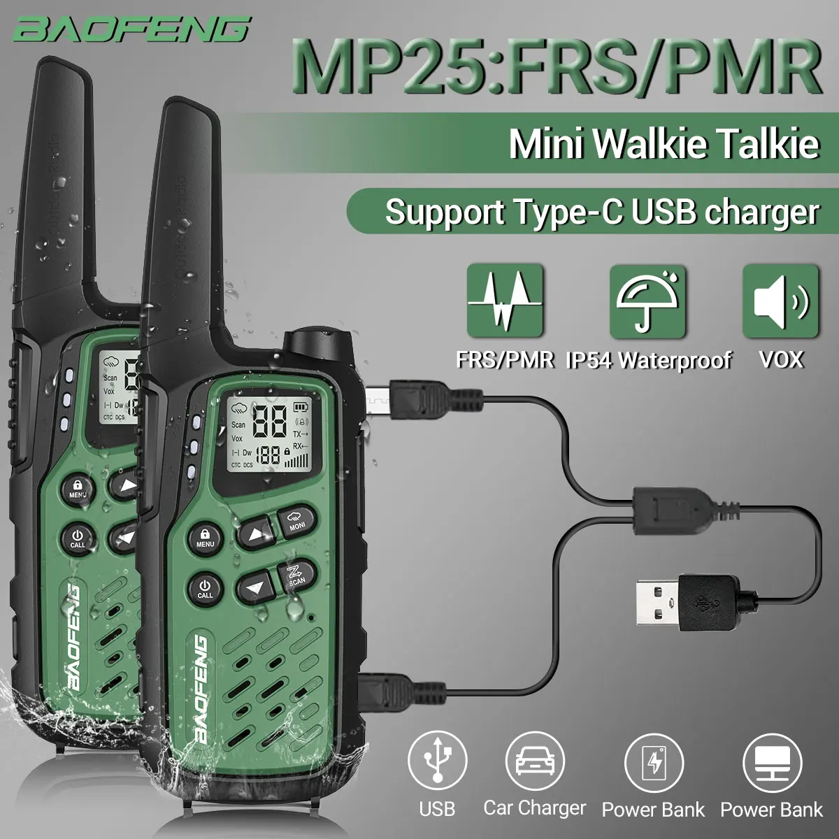 2 Pacote Baofeng MP25 PMR446/FRS de Longo Alcance Recarregável Tipo C ...