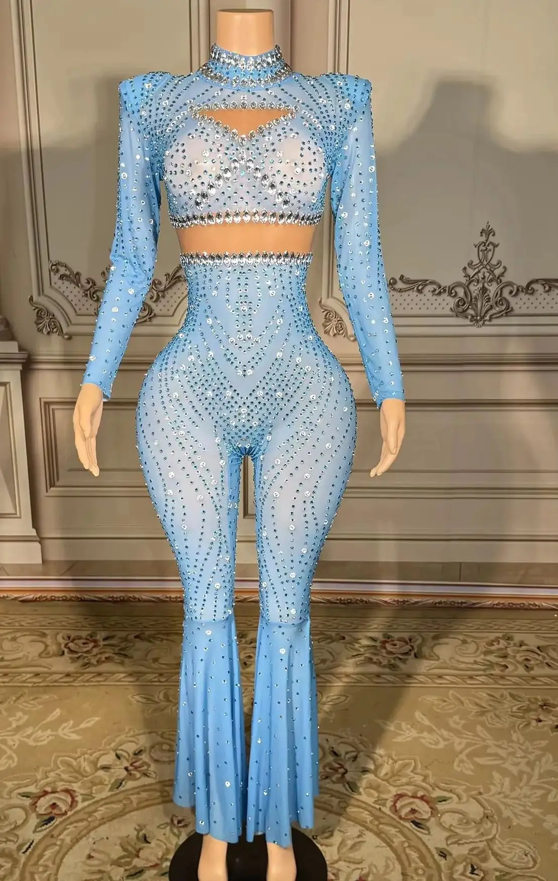 ZD Sexy Long Sleeves See Through Crystal Rompers One Piece Bodysuit ...