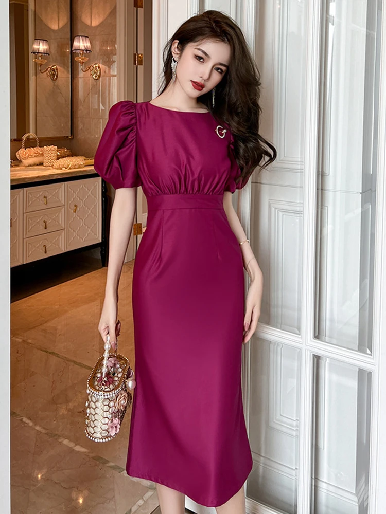 New Summer Satin Elegante Escritório Mulheres Vestido de Noite Roxo ...