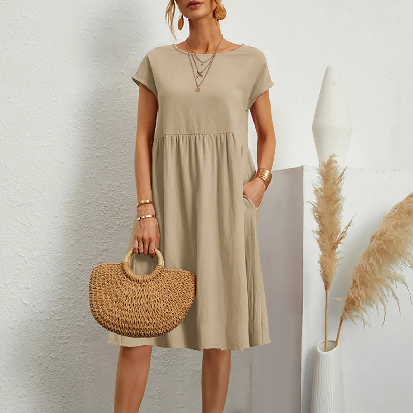 Ladies Summer Solid Color Fashion Dress Women's Cotton And Linen ...