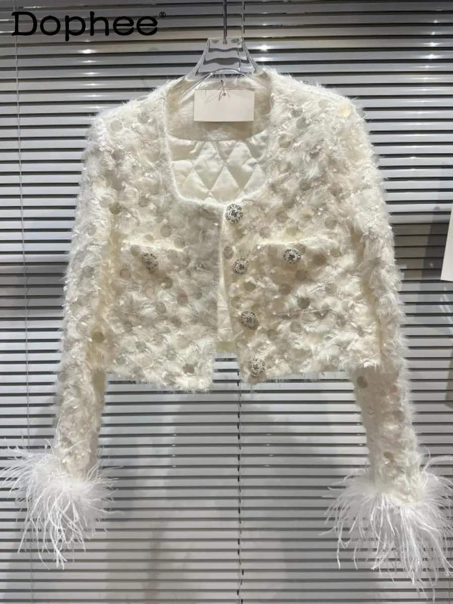 French High-end Drill Buckle Ostrich Feather Long Sleeve Sequins Cotton ...