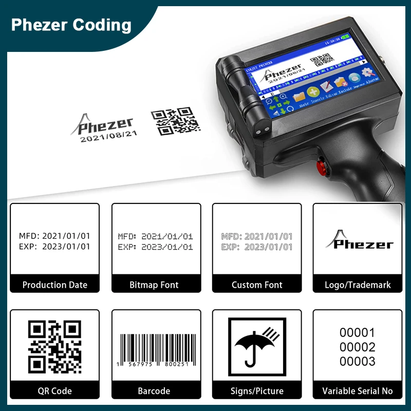 Phezer 12.7/25.4mm Label Printer Handheld Inkjet Printer QR Bar Batch Code Date Number Logo ...