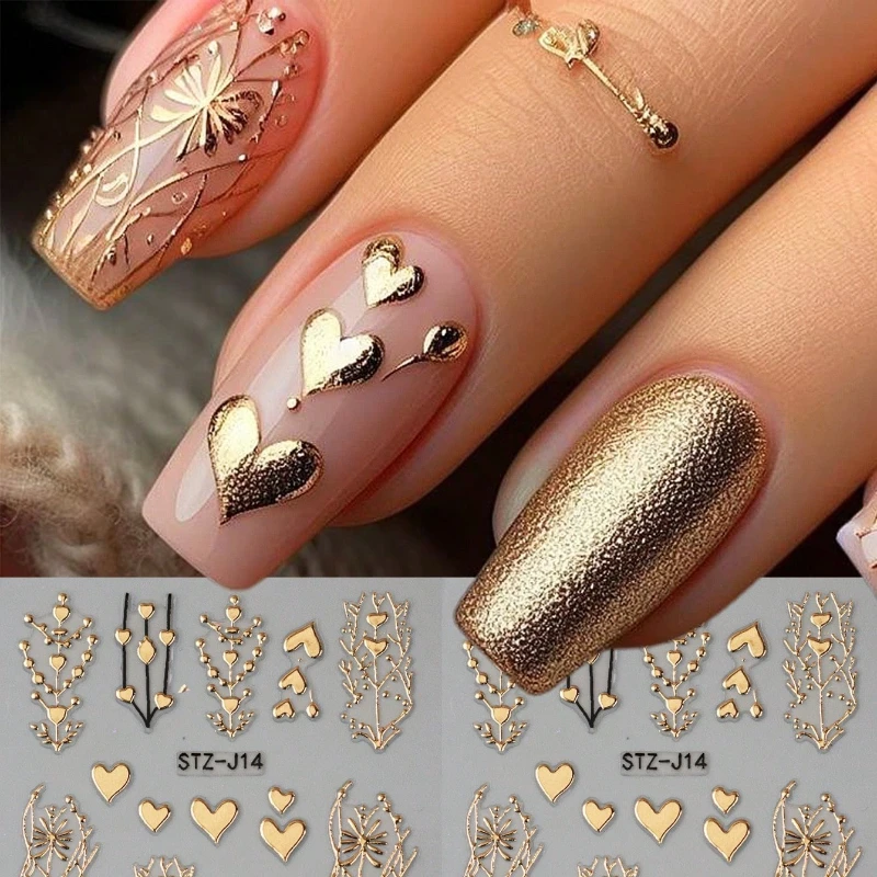 1pc Golden Foil Heart 5D Embossed Nail Art Stickers - Self-Adhesive ...