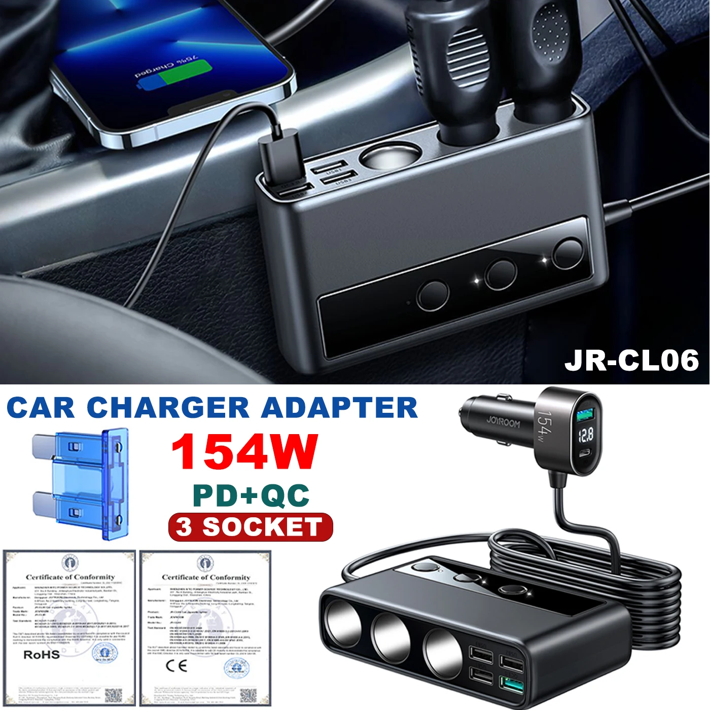 154W-Car-Charger-Adapter-Cigar-Jack-Multi-Socket-9-in-1-PD-3-Cigarette ...
