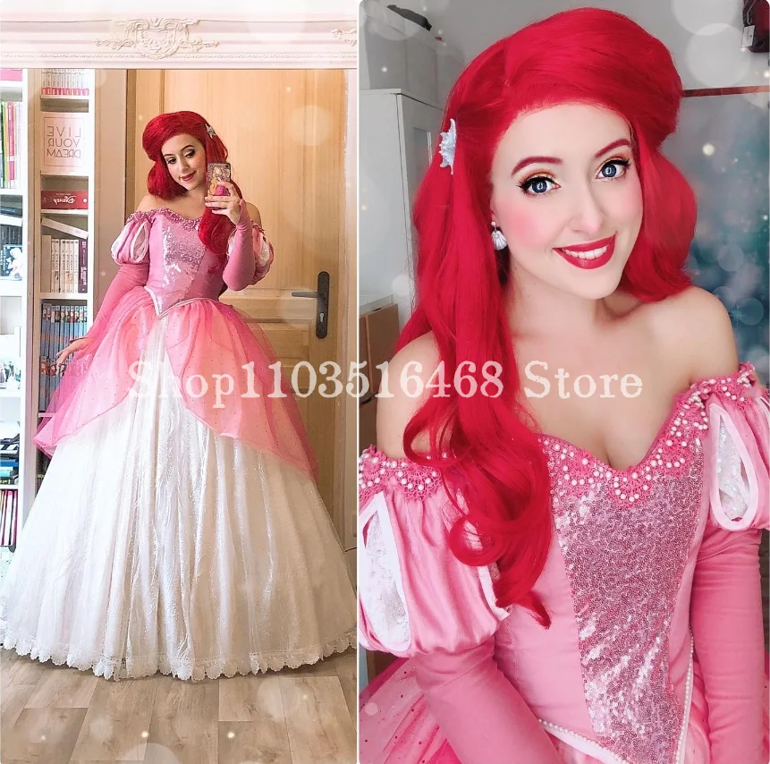 Halloween Cosplay Princess Ariel Prom Dress Strapless Pink White Bubble ...