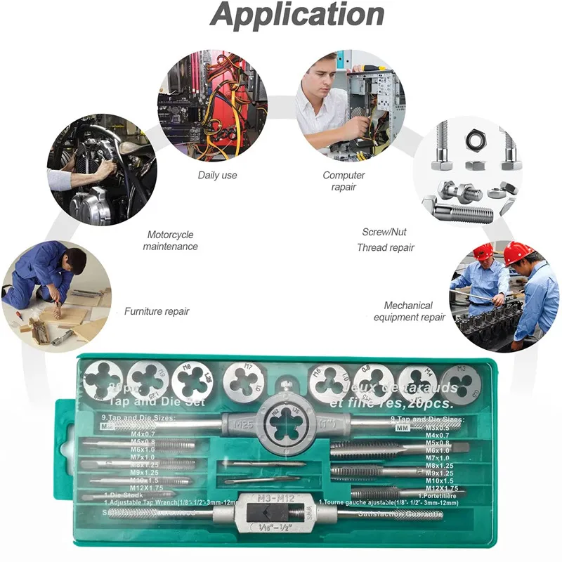FILIERE - BUSE DE FILAGE - TARAUD,--Jeu de tarauds et filières métriques, 20 pièces, bricolage ...