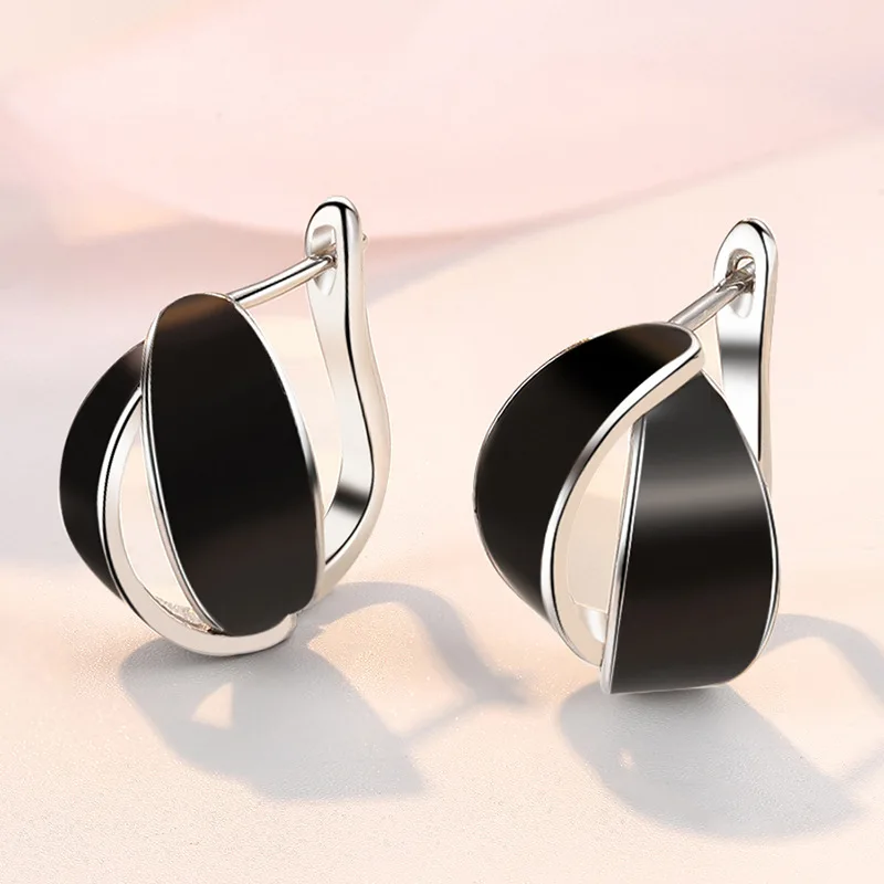 Fashion Versatile Black Earrings 925 Silver Leaf Ear Buckle For Women ...
