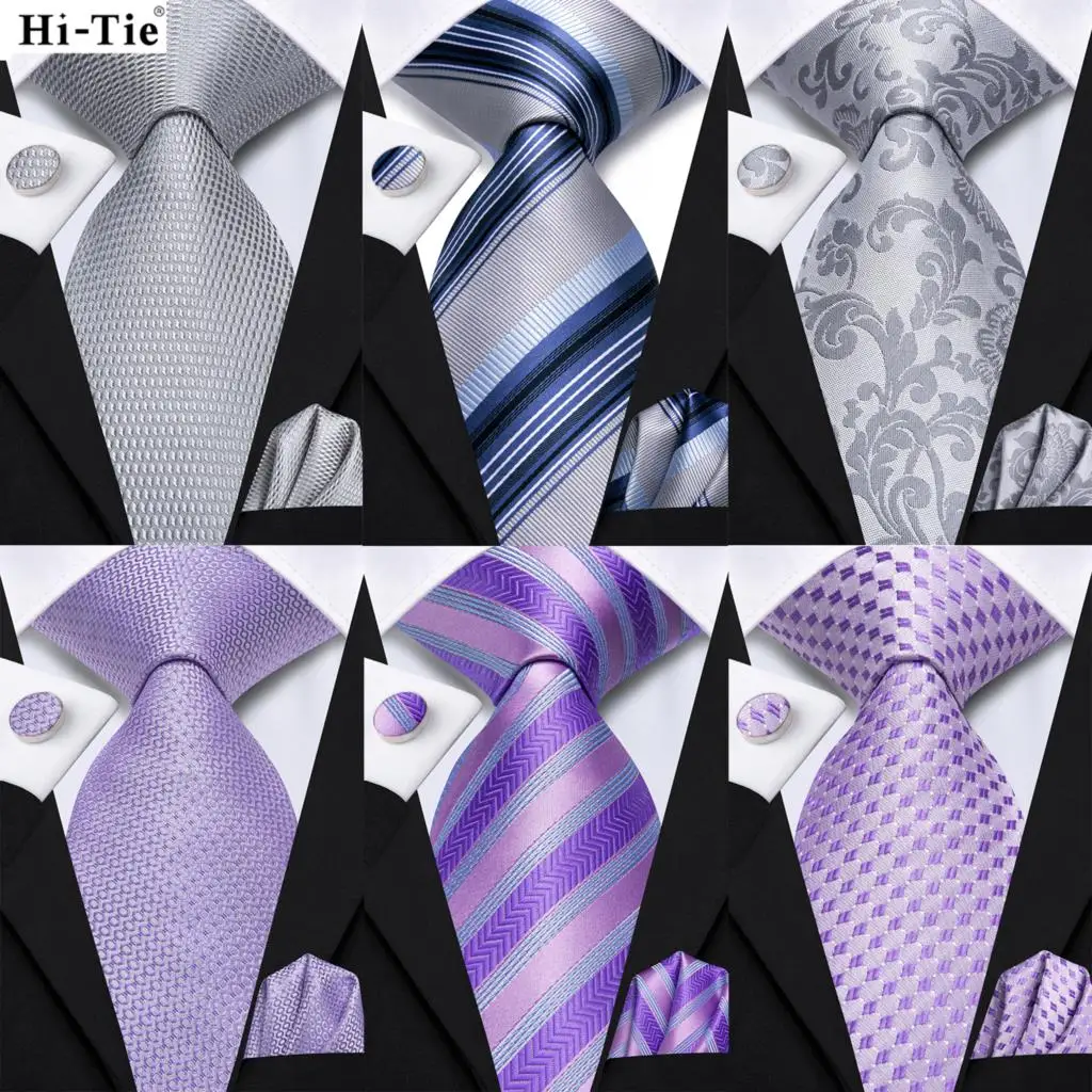 Hi-Tie Purple Silver Striped Silk Elegant Tie For Men Groom Wedding Men ...
