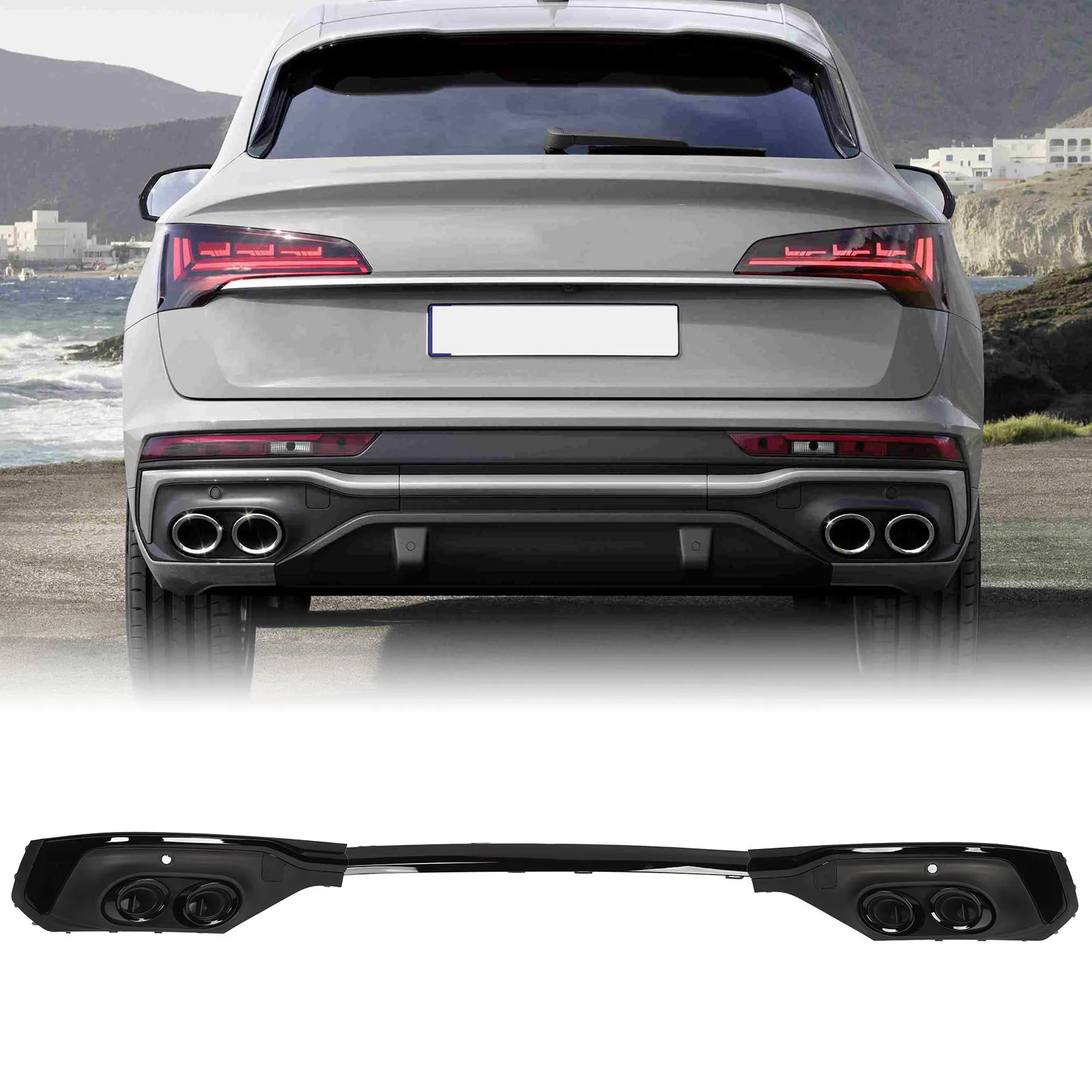 Black-Rear-Bumper-Exhaust-Pipe-Diffuser-Trim-Glossy-Black-Lip-Spoiler ...