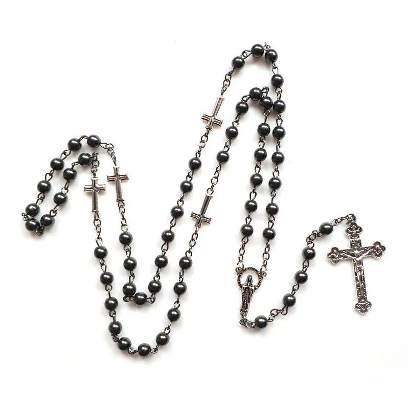 QIGO-Vintage-Hematite-Rosary-Catholic-Long-Jesus-Cross-Virgin-Necklace ...