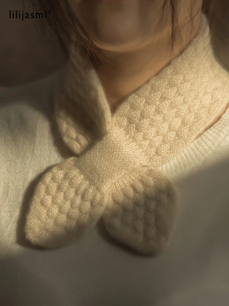 Women 100% Pure Cashmere Knitted Small Bowknot Scarf Moss Stitch Soft ...