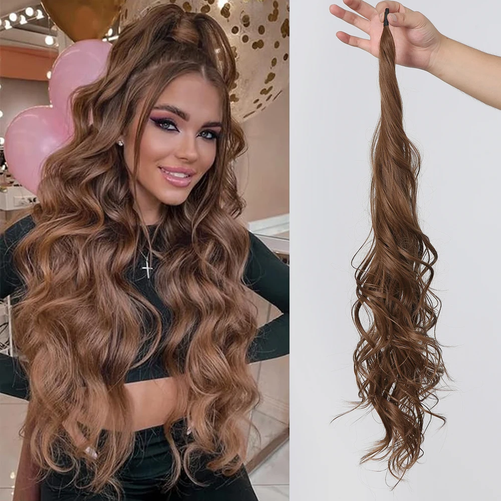 Brown-Flexible-Synthetic-Ponytail-Wrap-Around-Hair-Extensions-Long-Wavy ...