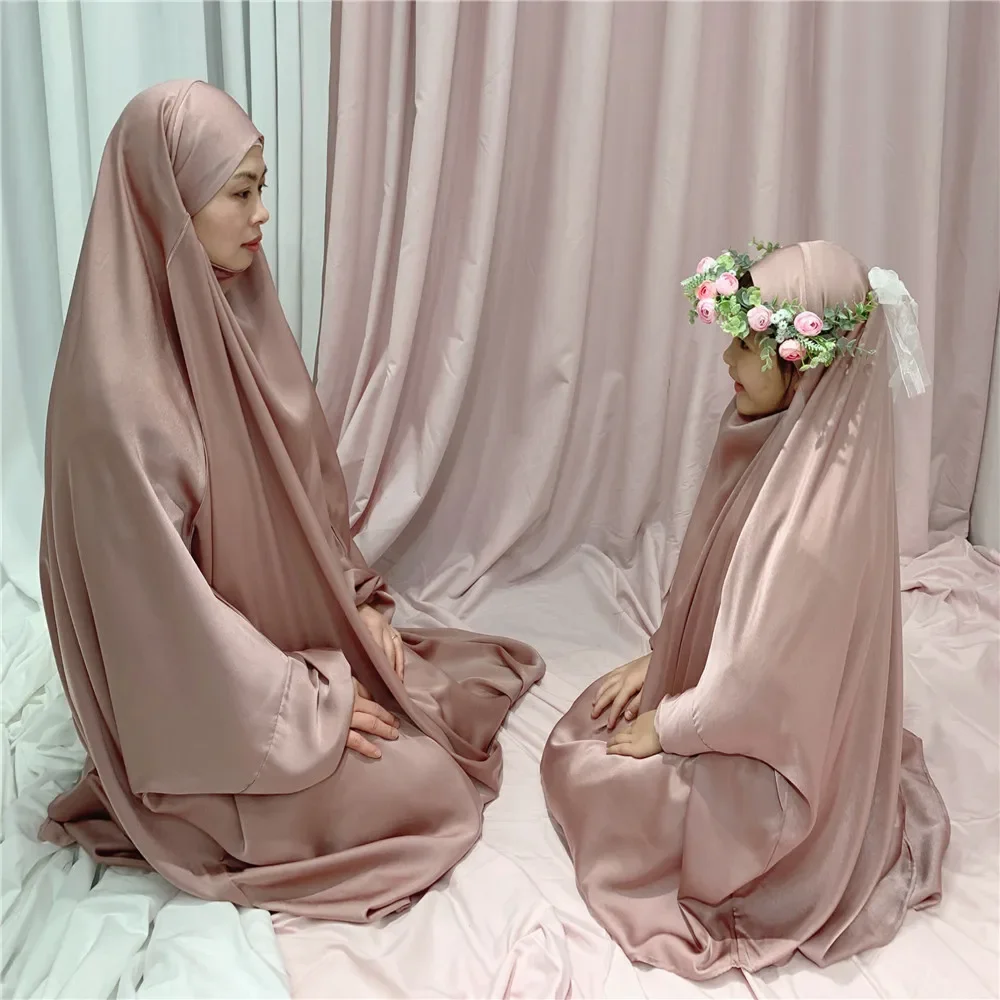 Muslim Women Kids Girls Hijab Dress Set Overhead Eid Hooded Abaya Mom ...