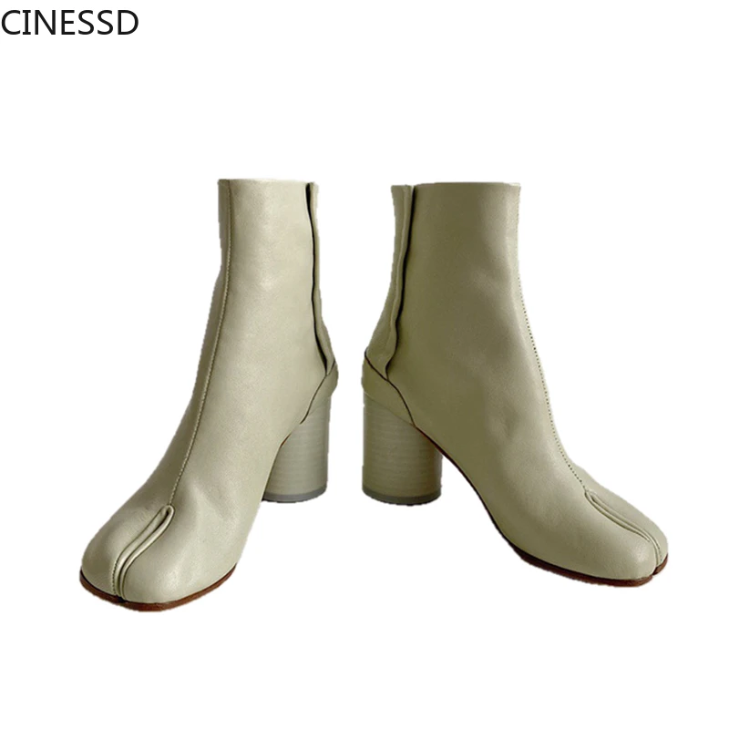 Women Split Toe Ankle Tabi Boots Leather Round Heels Mm6 Hook And Loop ...