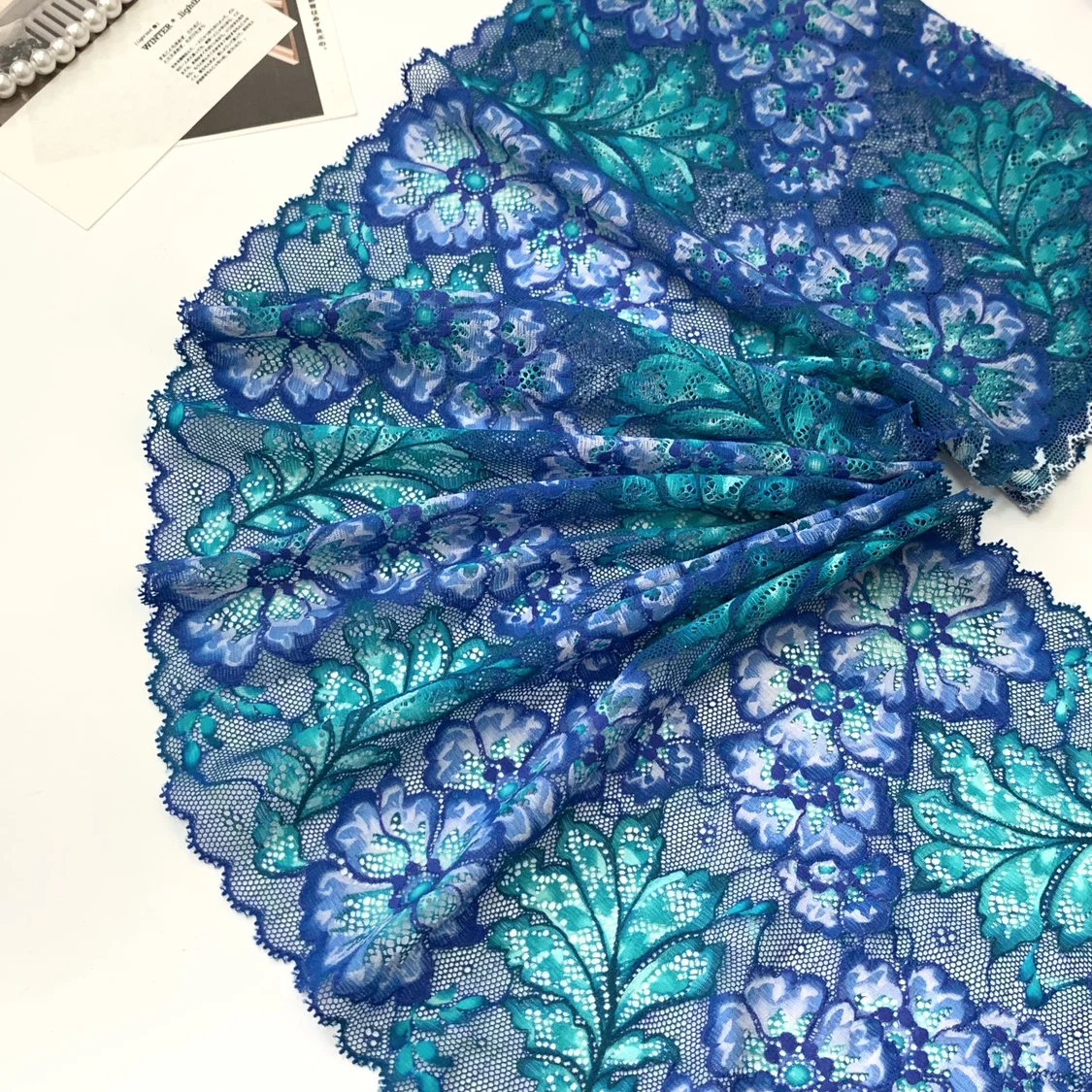3 Meters 22cm wide Blue elastic lace sewing ribbon guipure lace trim or ...